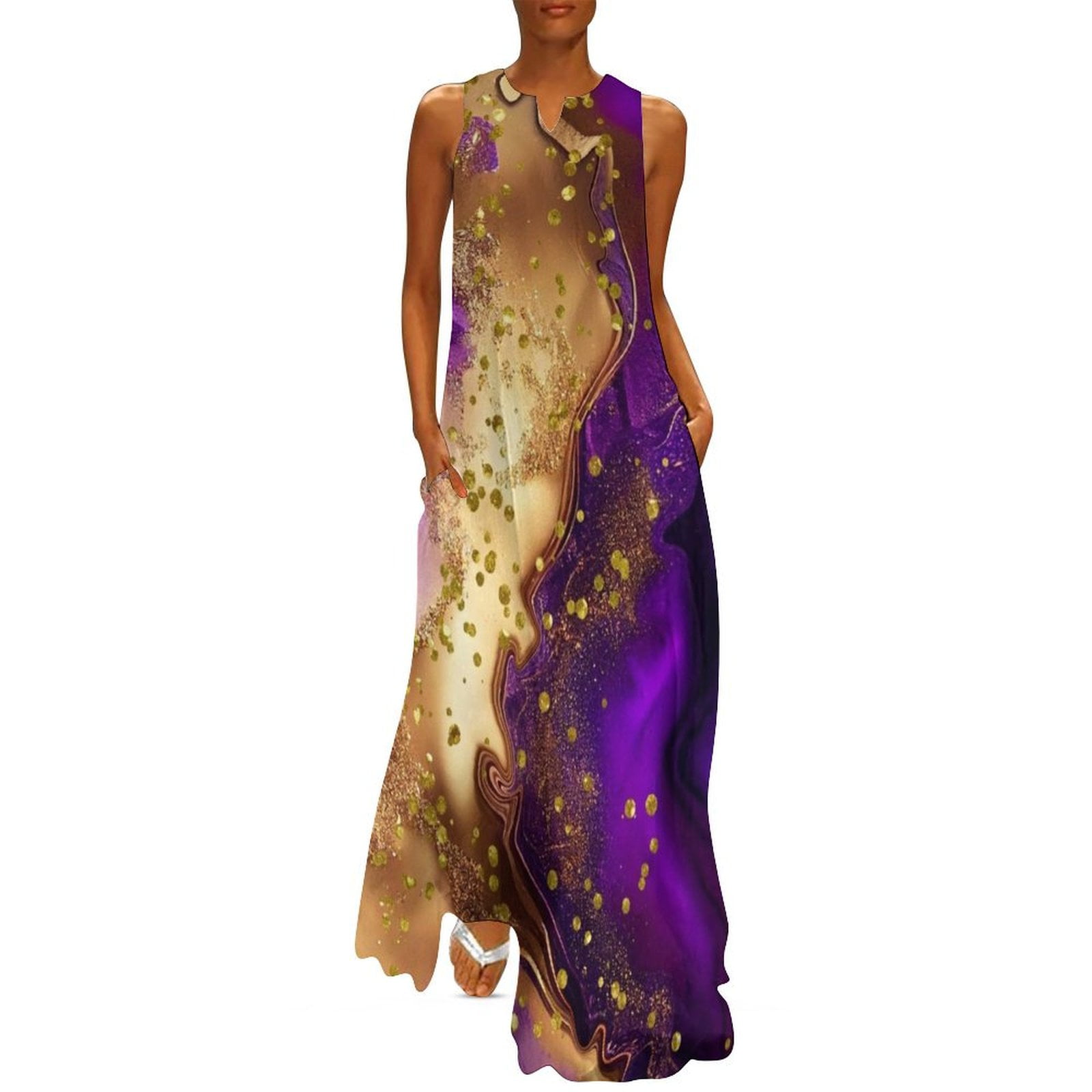 Purple & Gold Abstract Long Dress Dress vintage elegant chic wom ...