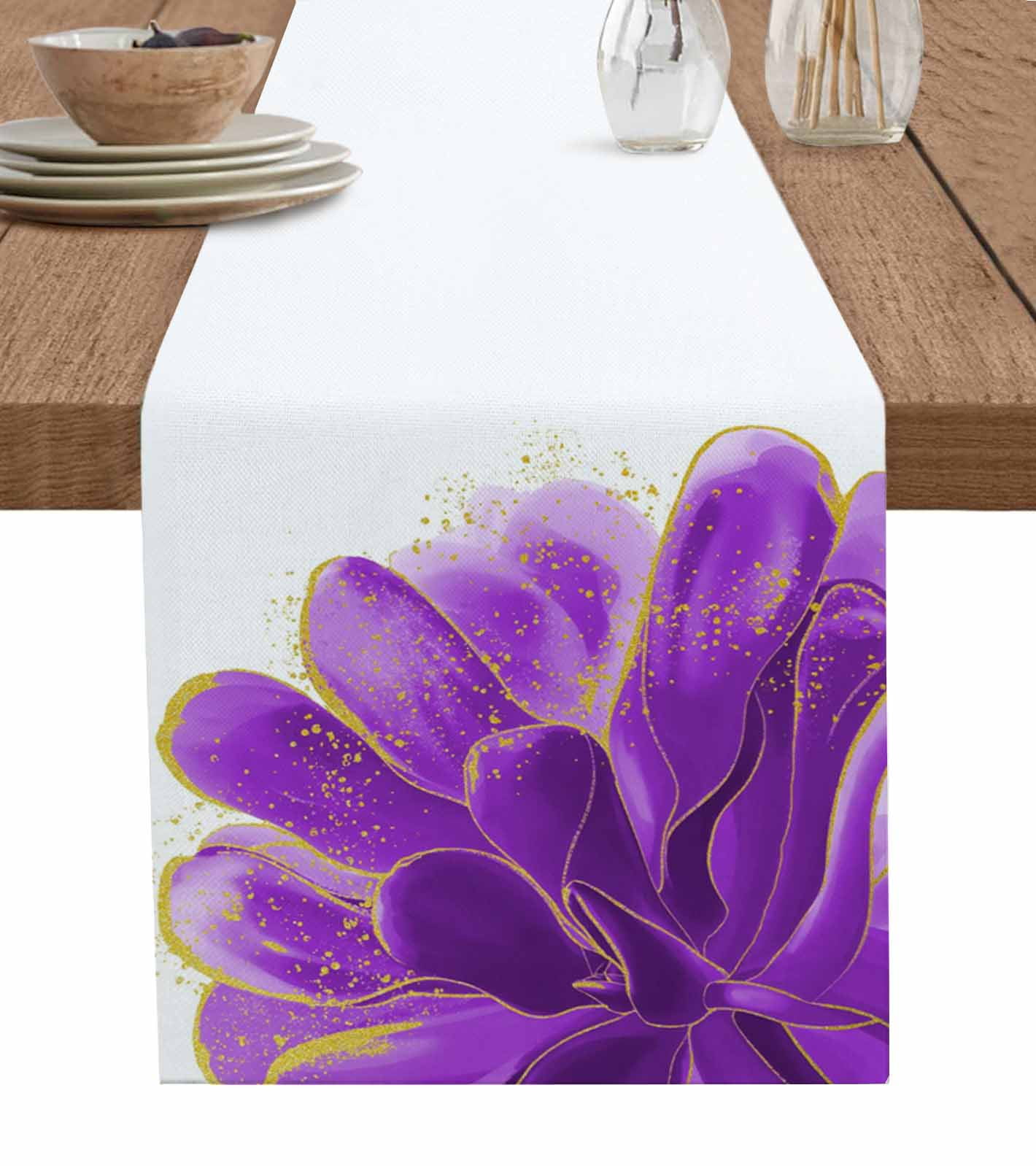 Purple Gold Flower Table Runners 108 Inches Long, Cotton Linen Fabric ...