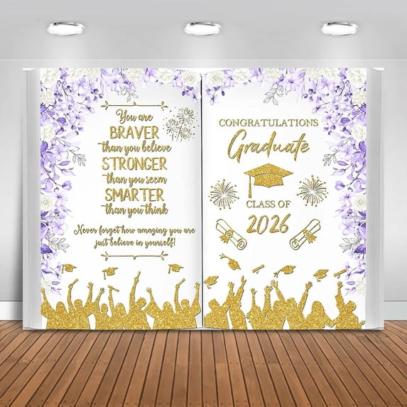 Purple Gold Graduation Backdrop Class of 2026 Grad Background Floral ...