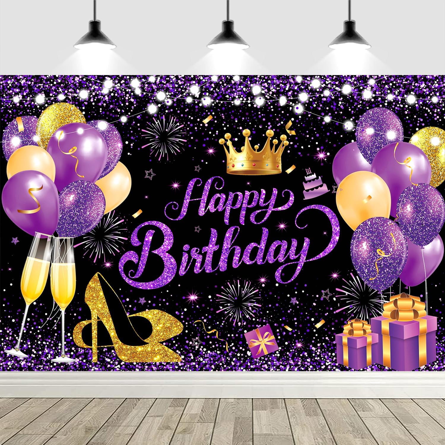 Purple Gold Happy Birthday Photography Backdrops Cloth Black Purple ...