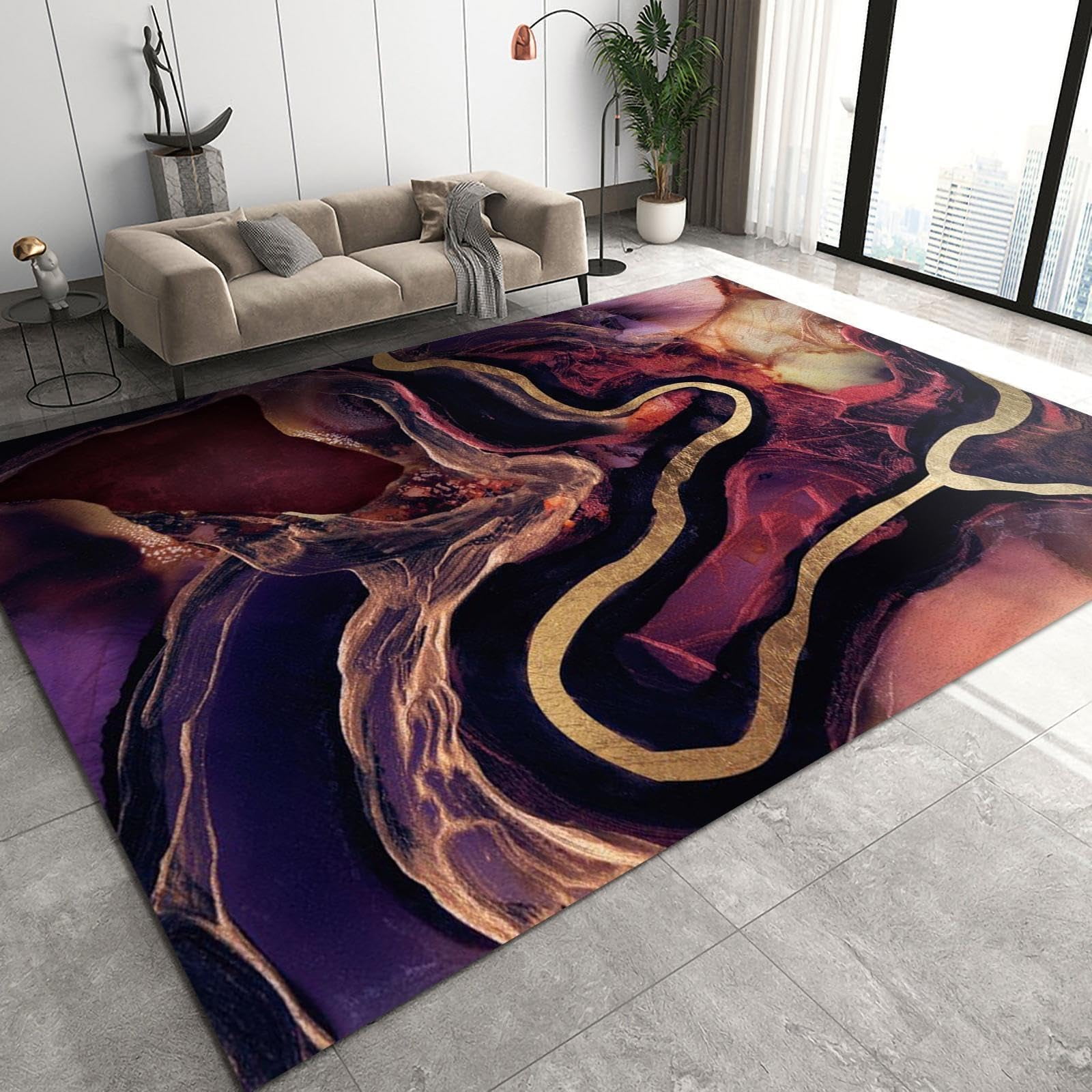 Purple Gold Marble Texture Area Rug, Golden Abstract Geometric Lines ...