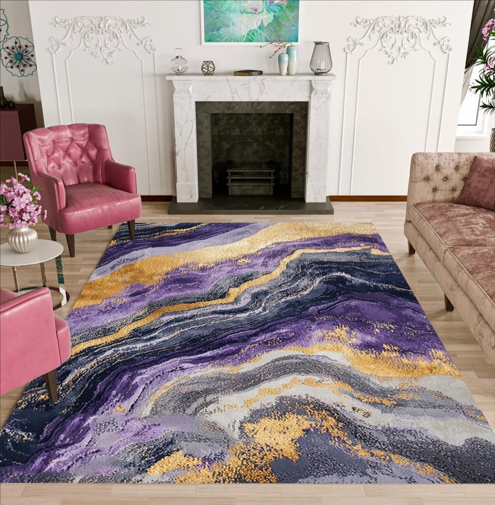Purple Gold Modern Marble Rug For Living Room Bedroom Diningroom Room ...