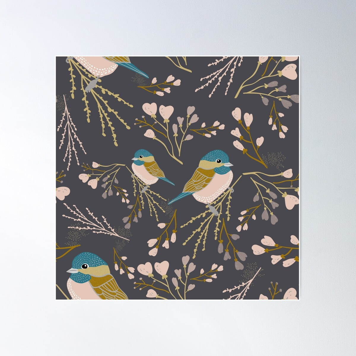 Purple & Gold Sweet Chickadee Floral Pattern Poster Wall Art, Modern ...