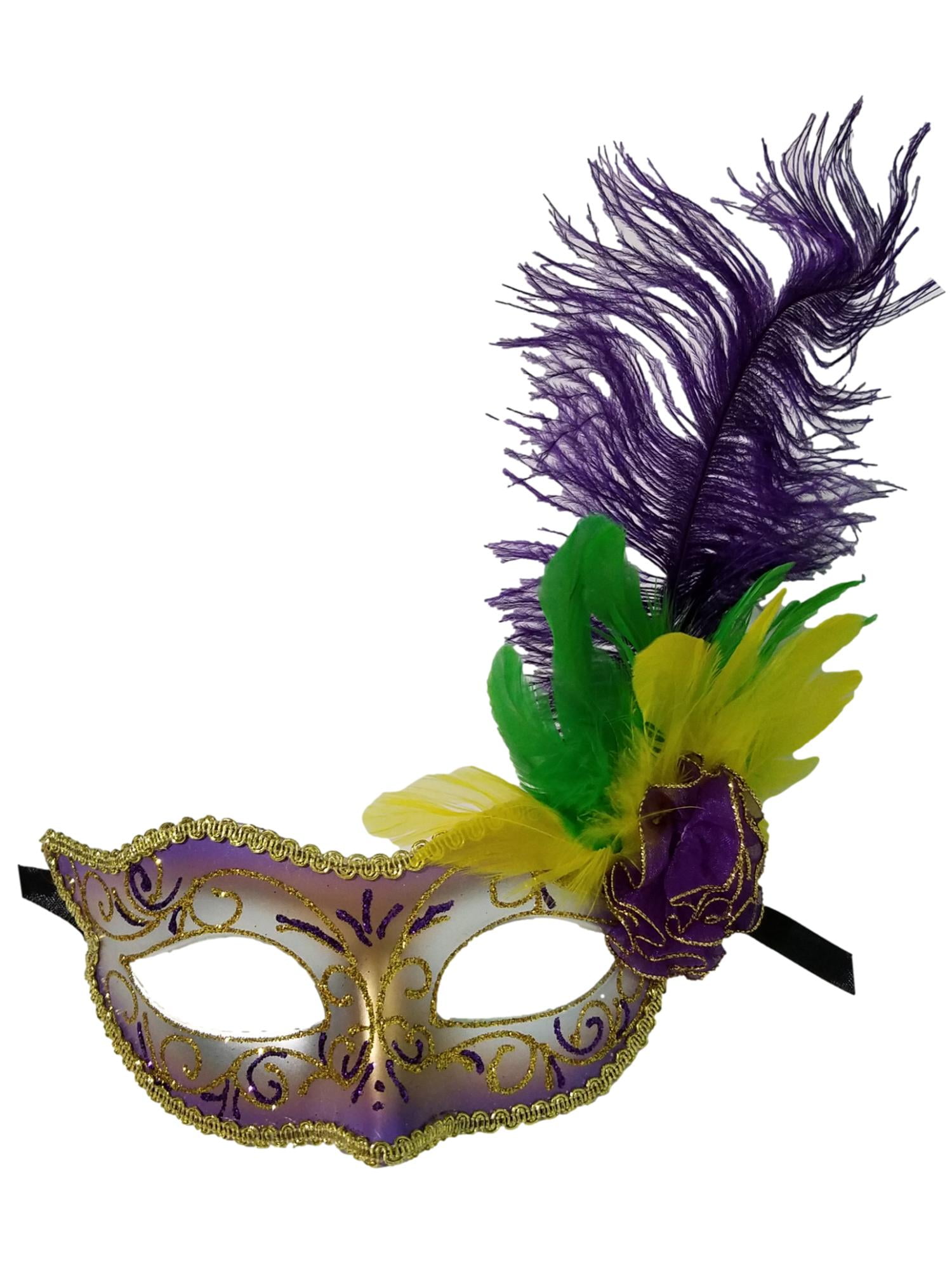 Purple Gold Yellow Green Mardi Gras Feather Flower Masquerade Mask ...