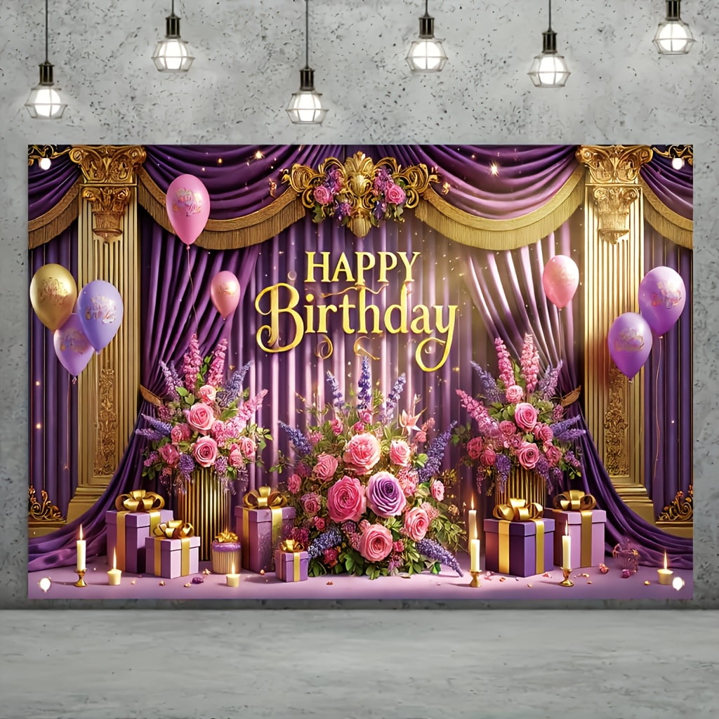 Purple Golden Happy Birthday Party Backdrop Elegant Floral Party ...