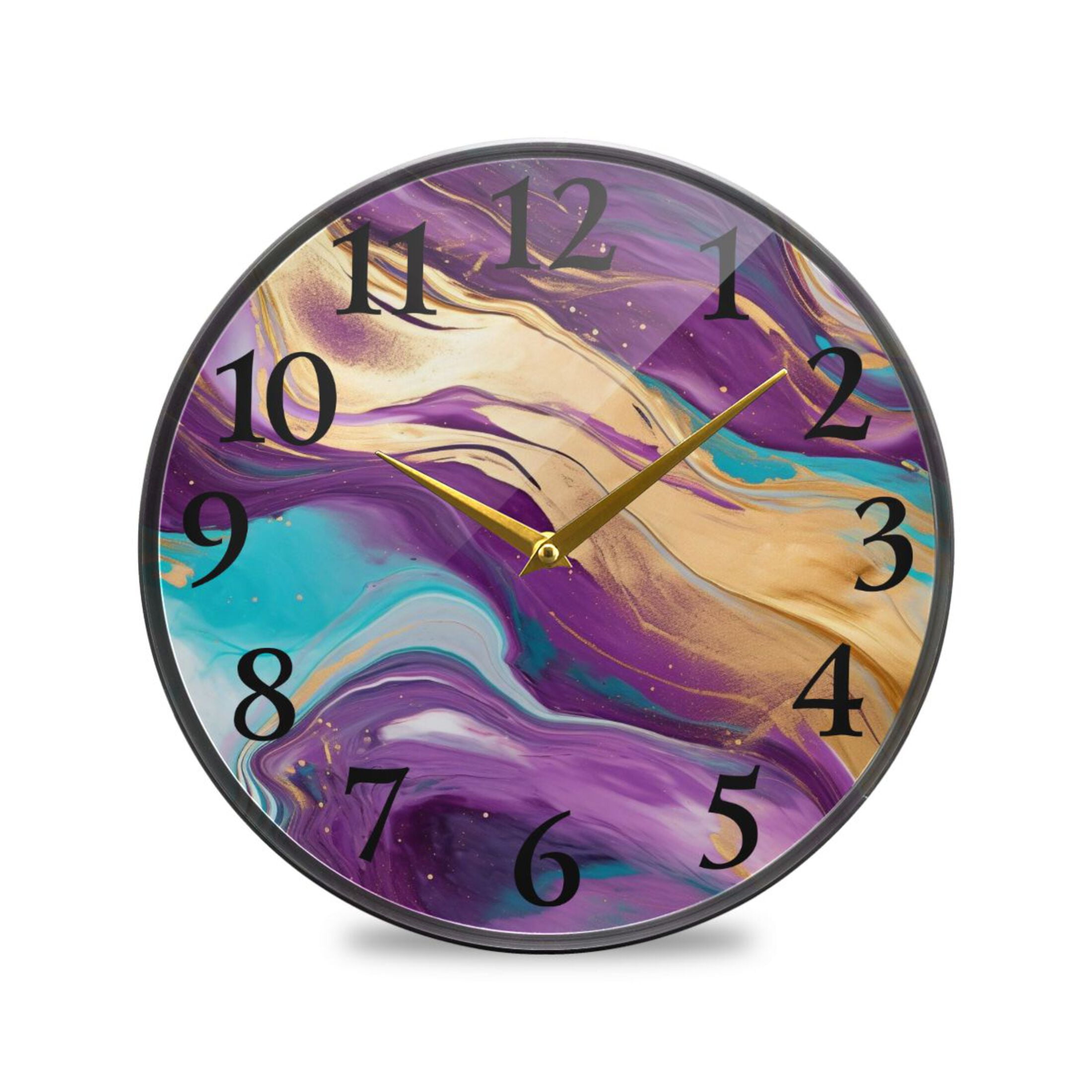 Purple Golden Marble Wall Clocks Battery Operated 11.9 Inch Round Clock ...