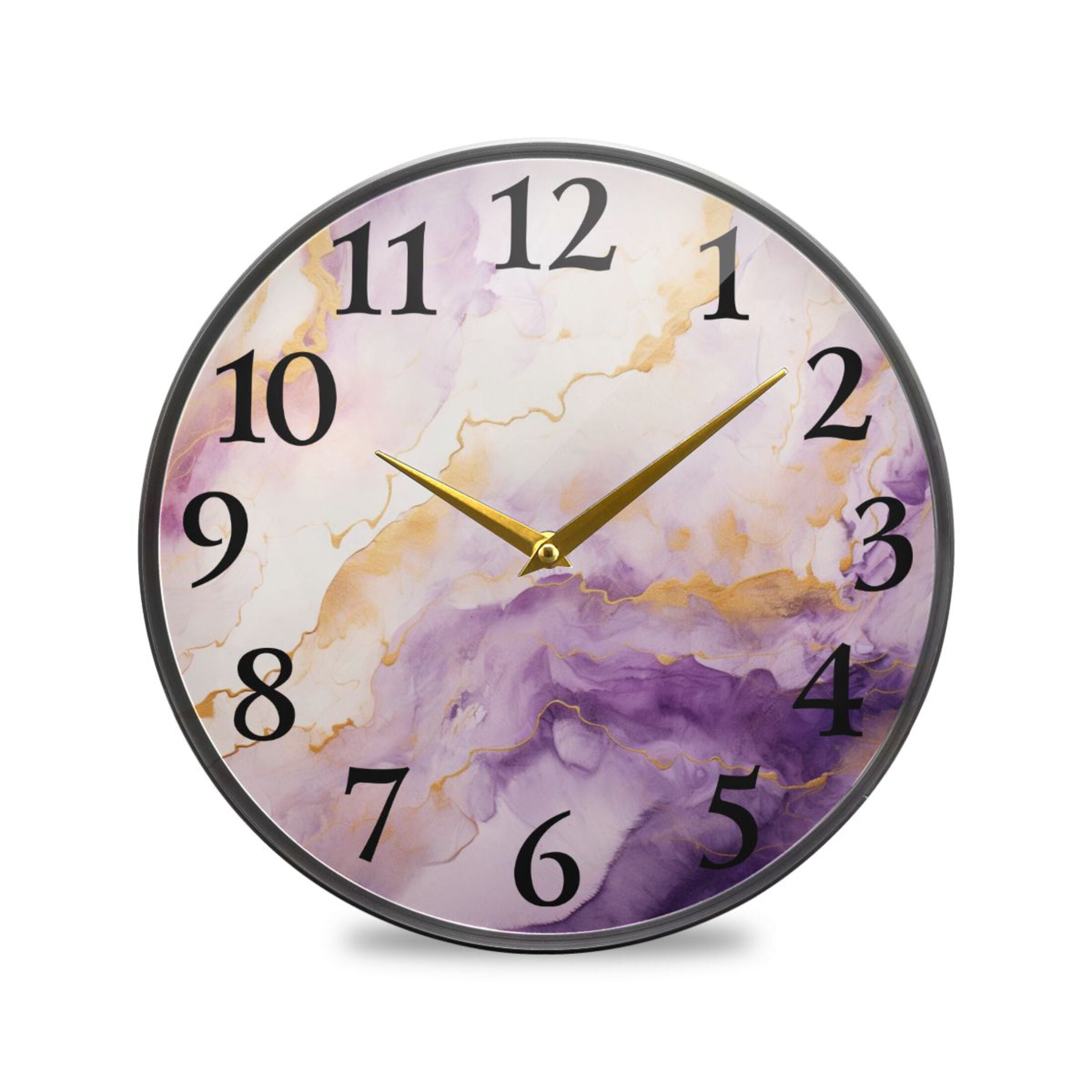 Purple Golden Marble Wall Clocks Battery Operated 9.5 Inch Round Clock ...