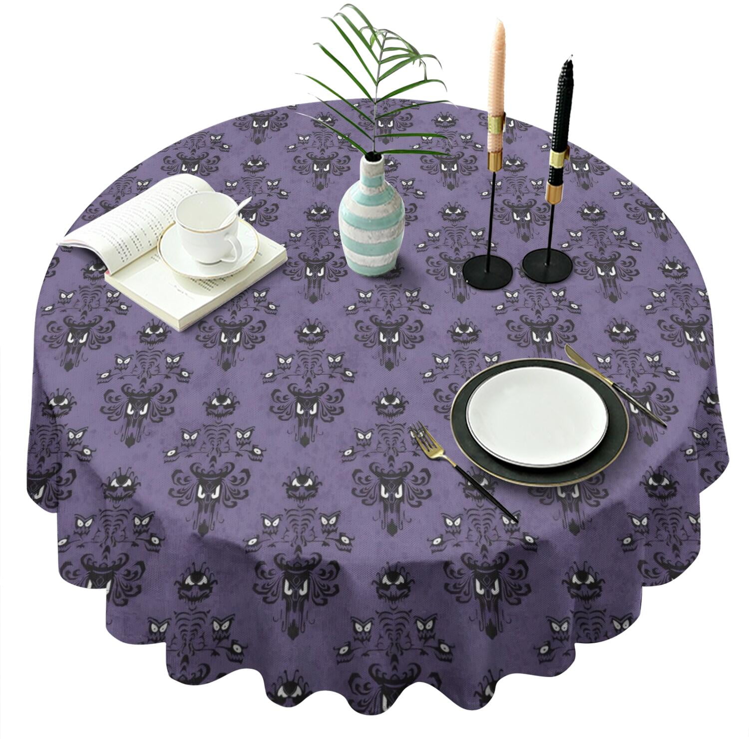 Purple Gothic Bat Pattern Round Tablecloth 60"x60",Wrinkle Wipeable ...
