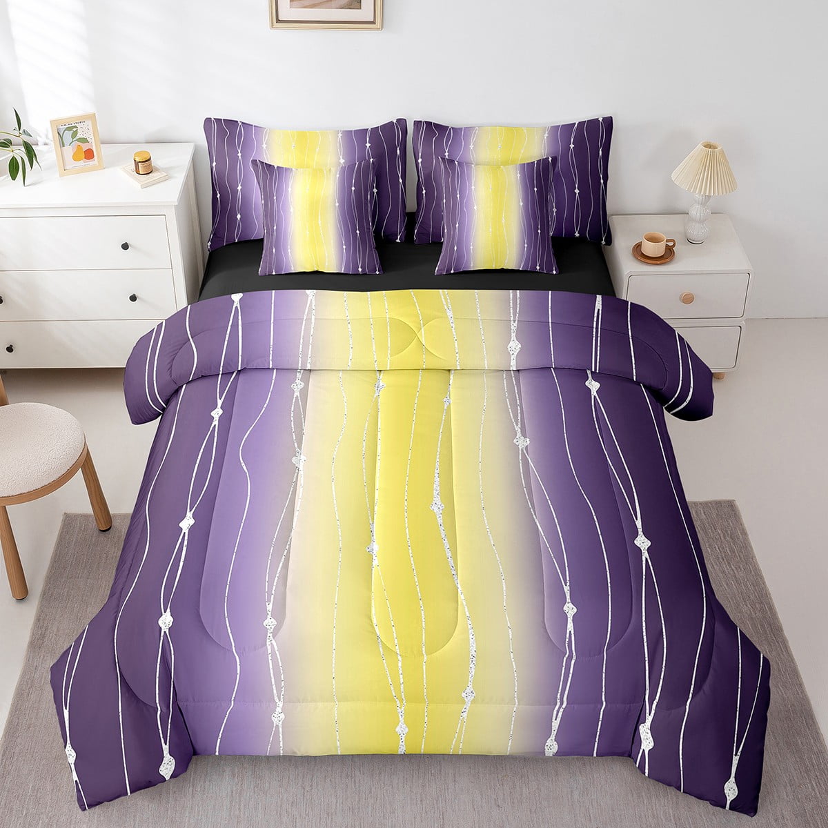 Purple Gradient Bedding Comforter Sets 7 Pieces Yellow Watercolor Bed ...