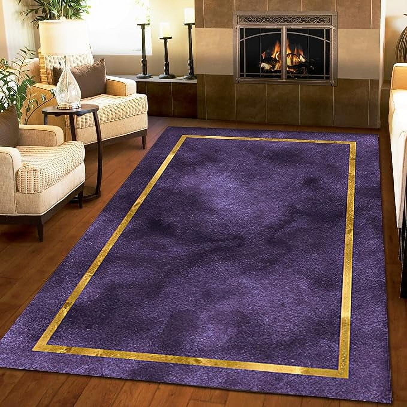 Purple Gradient Marble Texture Area Carpet, Golden Geometry Light ...