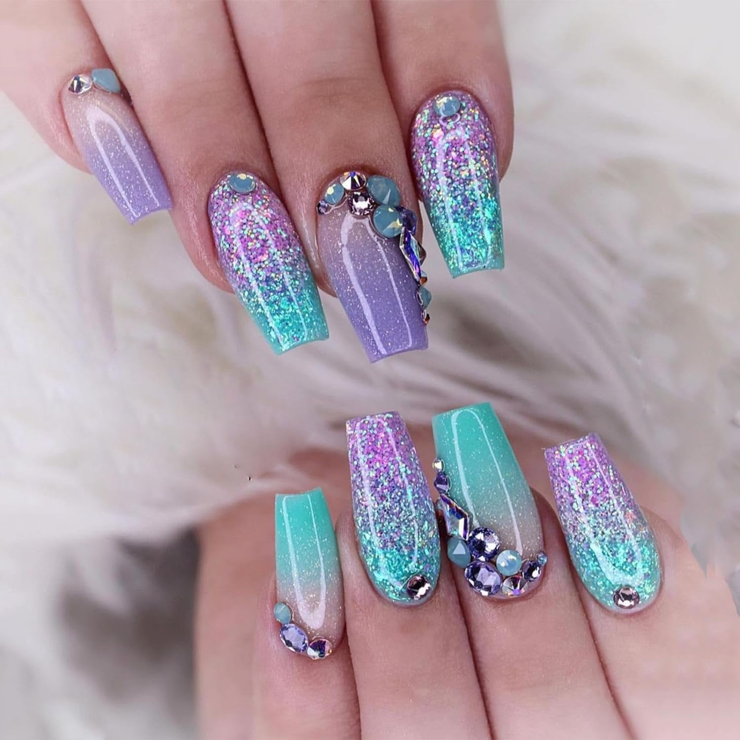 Purple Gradient Press on Nails Medium Coffin Square Fake Nails Green ...