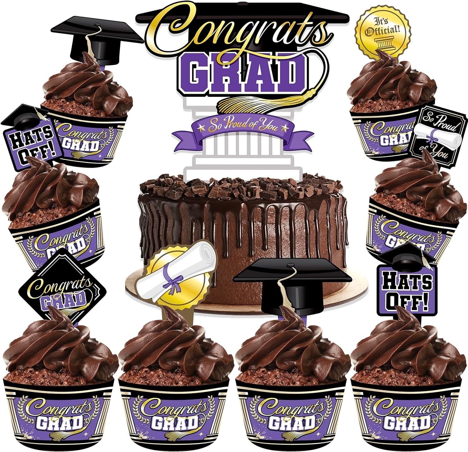 Purple Graduation Cake Topper & Purple Graduation Cupcake Toppers Kit ...