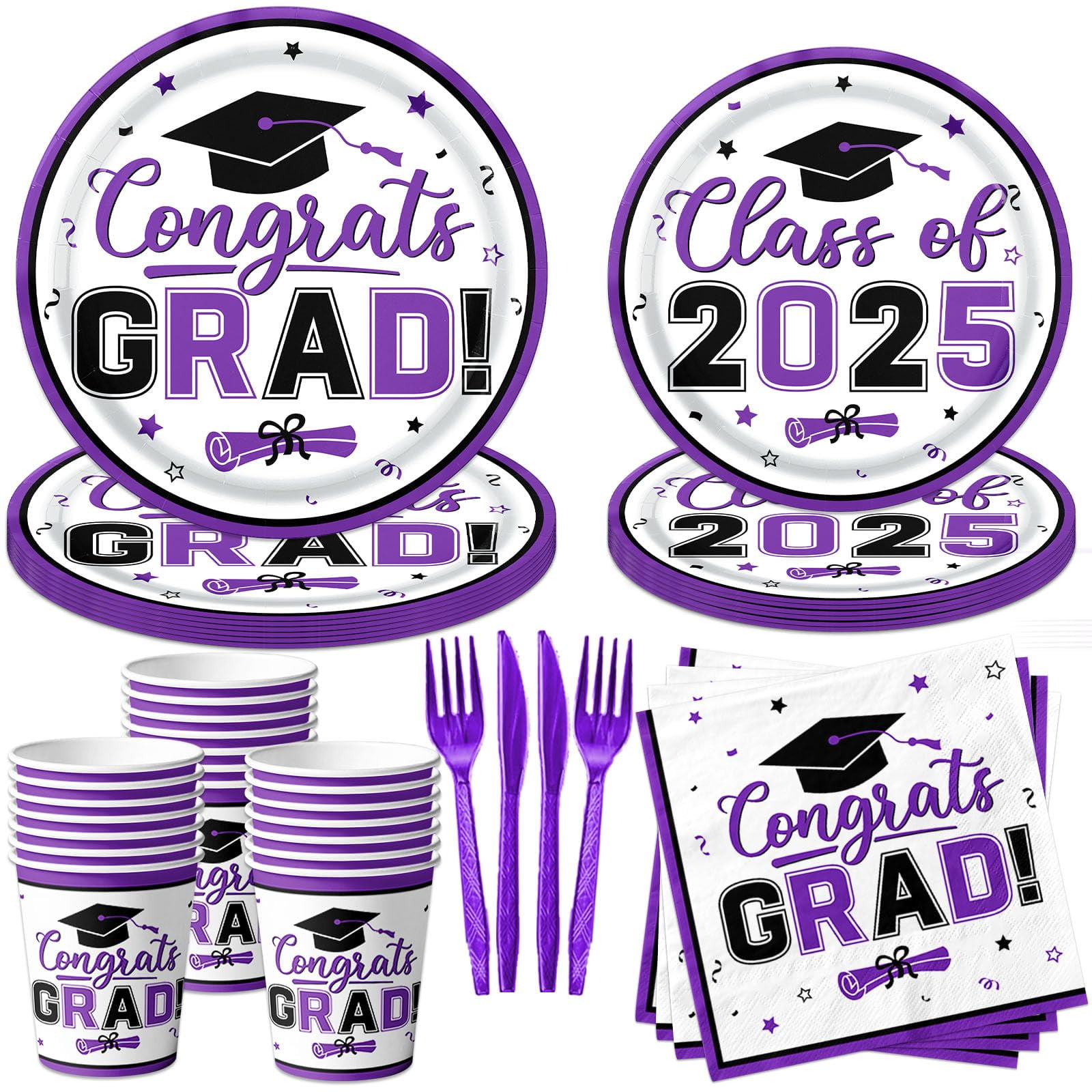 Purple Graduation Decorations Dinnerware RRF12 Set, Class of 2025 ...