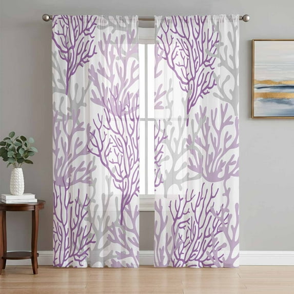 Purple Gray Coral Coastal Semi Sheer Curtains 84 Inch Length 2 Panels ...