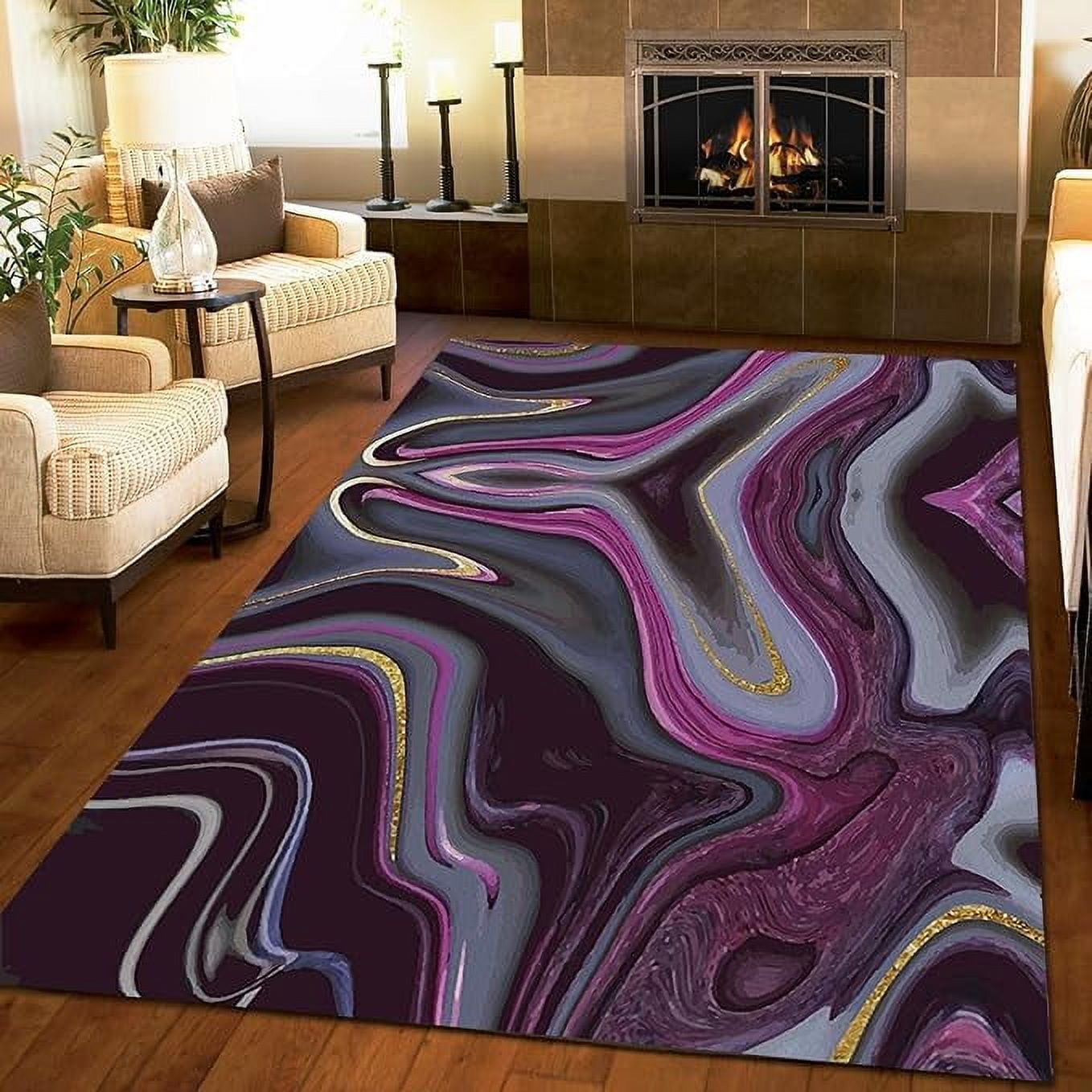Purple Gray Marble Texture Area Rug, Abstract Black Gold Gilt Stripes ...