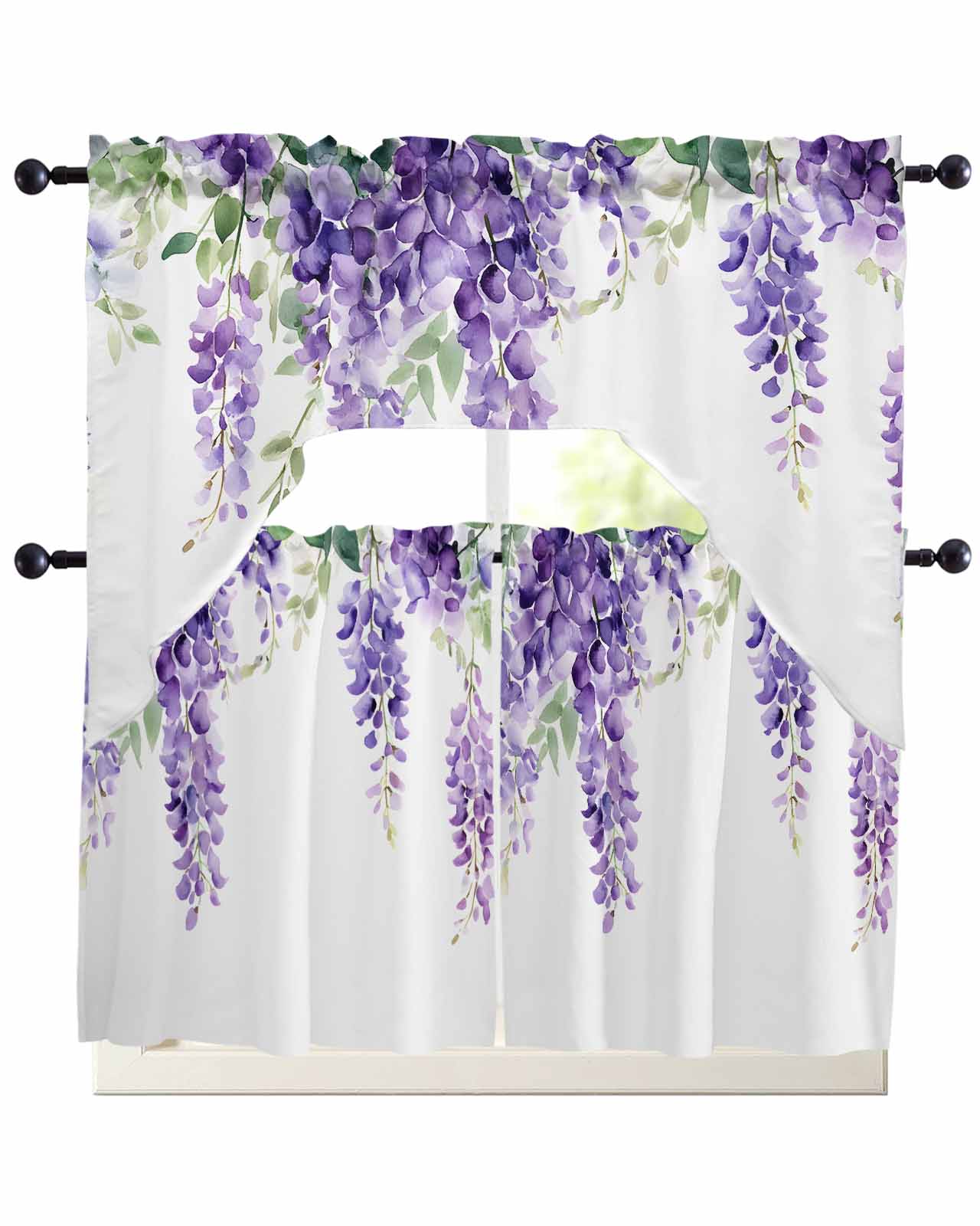 Purple Green Leaf Kitchen Curtains Swag Valance and Tier Curtains Set ...