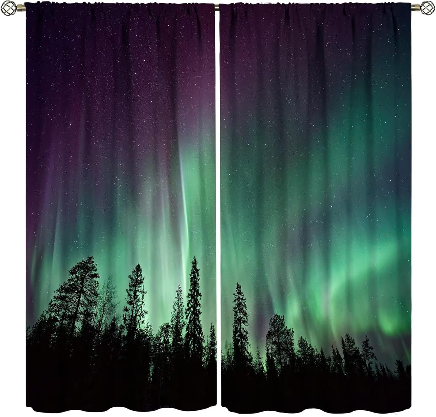 Purple Green Northern Lights Curtains Aurora Borealis Forests Curtain ...