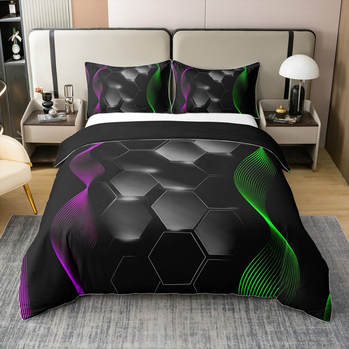 Purple and Green Striped 100% Cotton Duvet Cover Queen,Neon Lights ...