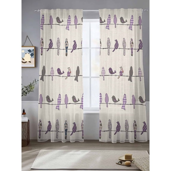 Purple Grey Bird Animal on Lines Chiffon Sheer Curtains 84 Inches Long ...