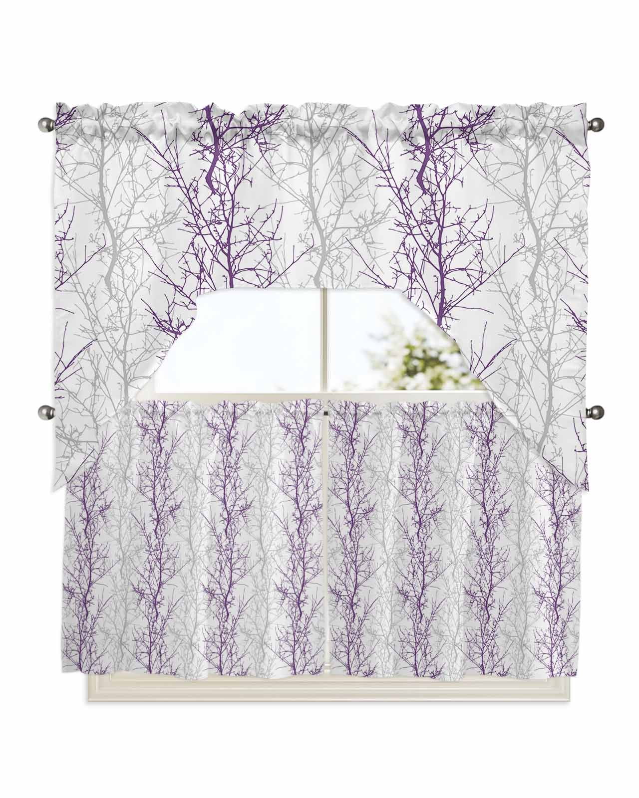 Purple Grey Branch Kitchen Curtains Swag Valance and Tier Curtains Set 24 Inch Length, Spring ...