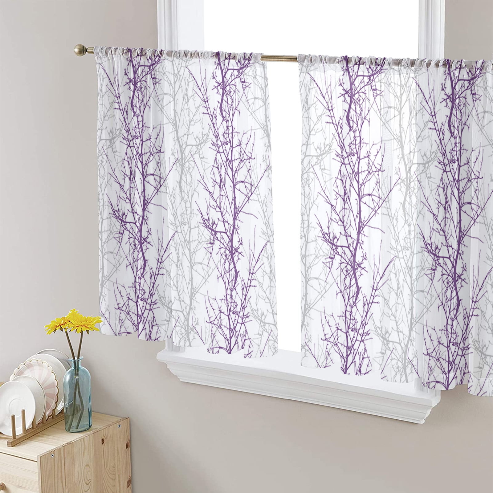 Purple Grey Branch Sheer Curtains 54 Inches Length 2 Panels Set, Window ...