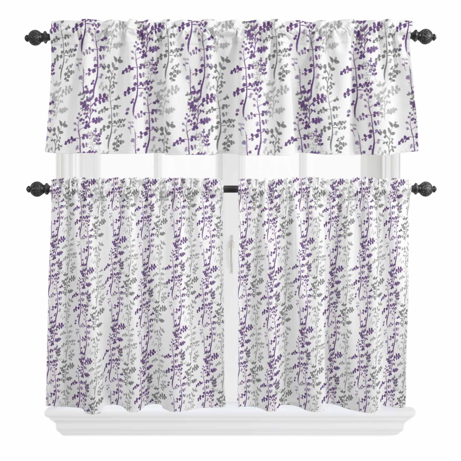 Purple and Grey Leaf Curtain Valances Set Abstract Farm Plants Floral ...
