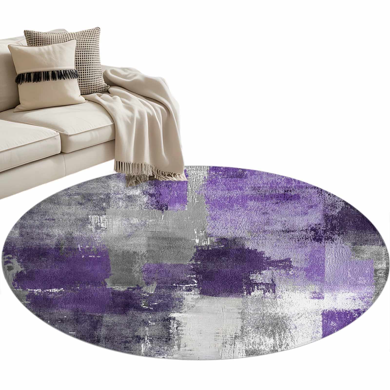 Purple Grey Round Area Rug 3ft Modern Graffiti Non-Slip Washable Circle ...