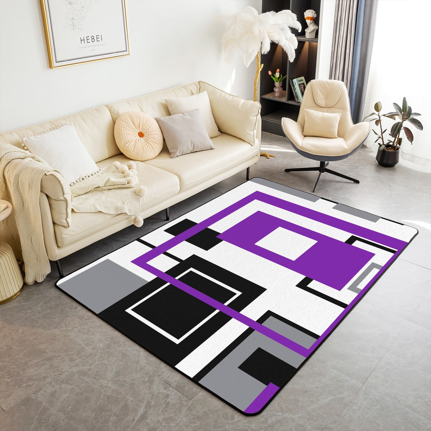 Purple Grey Rug Black White Gray Geometric Carpets for Kids Girls Women ...