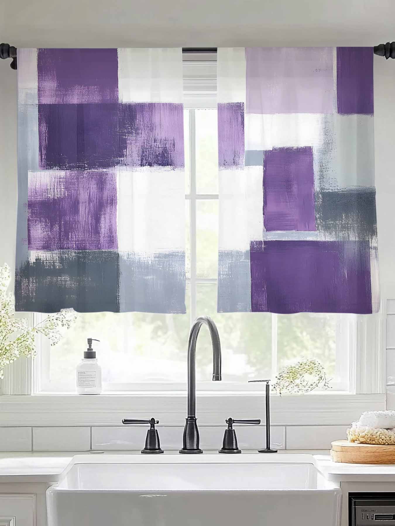 Purple Grey Sheer Curtains 54 Inches Long 2 Panels Graffiti Abstract ...