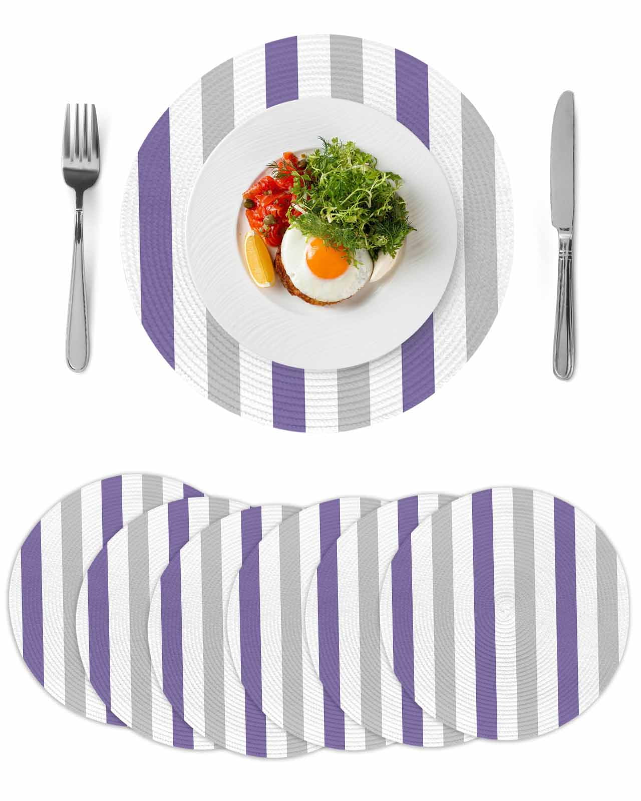 Purple Grey Striped Round 13 Inch Placemats Set of 6, Minimalist ...