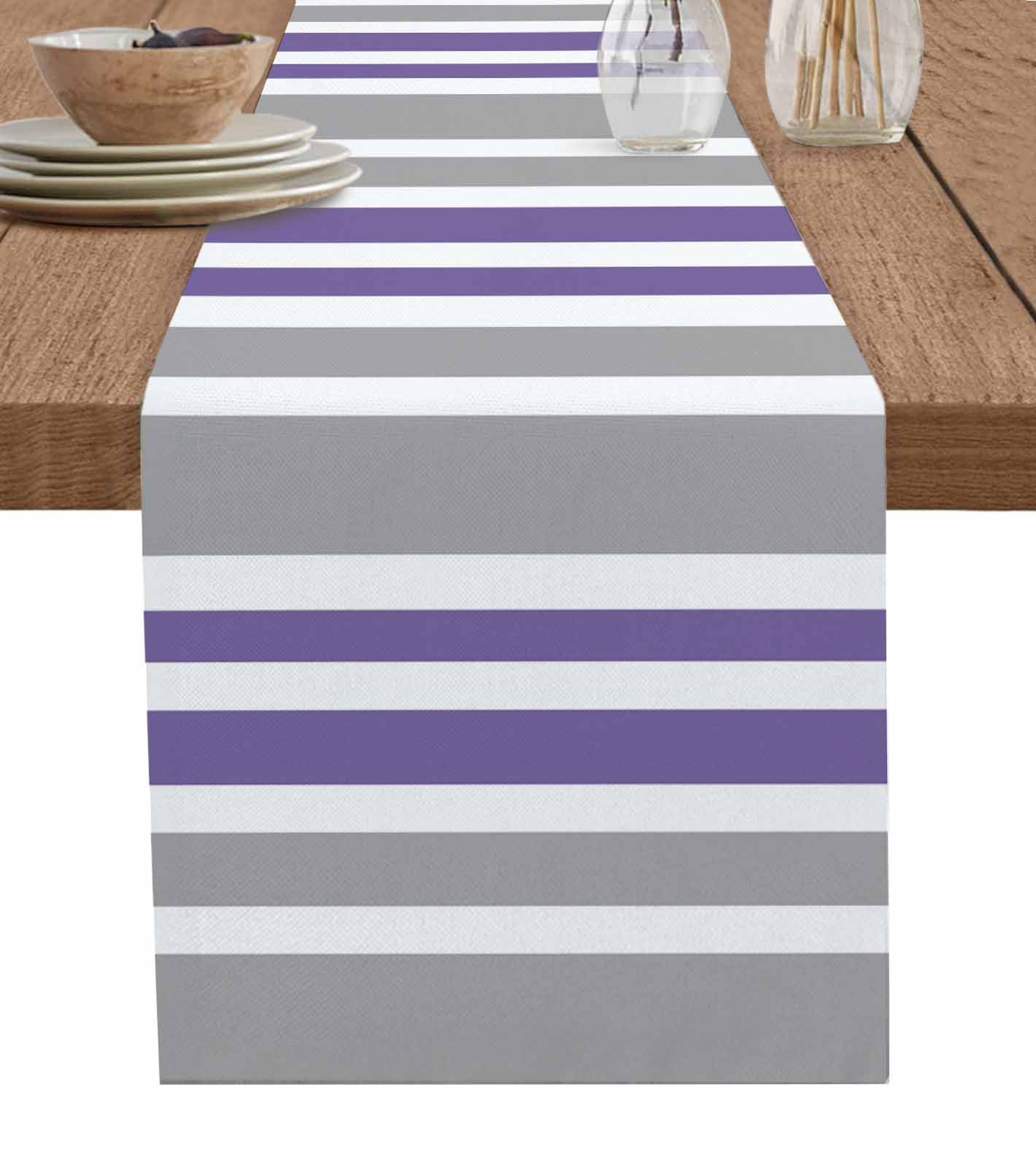 Purple Grey Stripes Table Runners 120 Inches Long, Cotton Linen Fabric ...