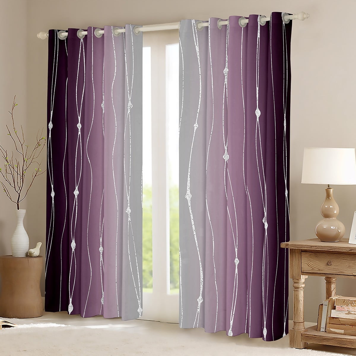 Purple and Grey Watercolor Curtains Wave Stripe and Dots Curtains ...