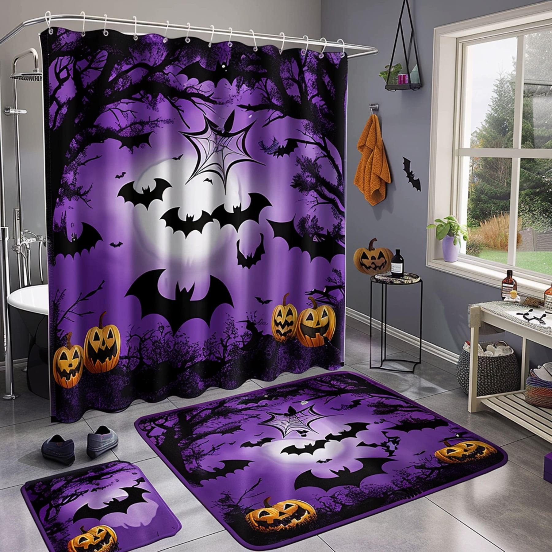 Purple Halloween Bathroom Decor Set Black Bat Silhouettes And Pumpkins