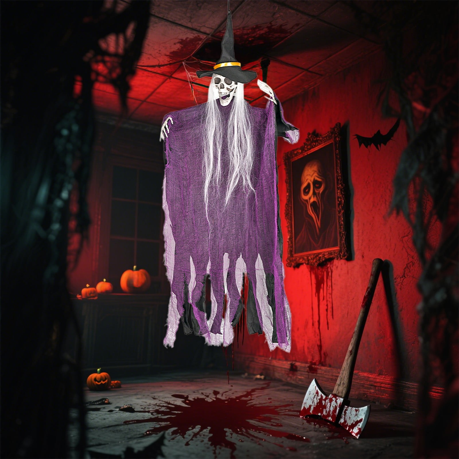 Purple Halloween Decoration Skeleton Hanging Ghost With Hat Witch Prop ...