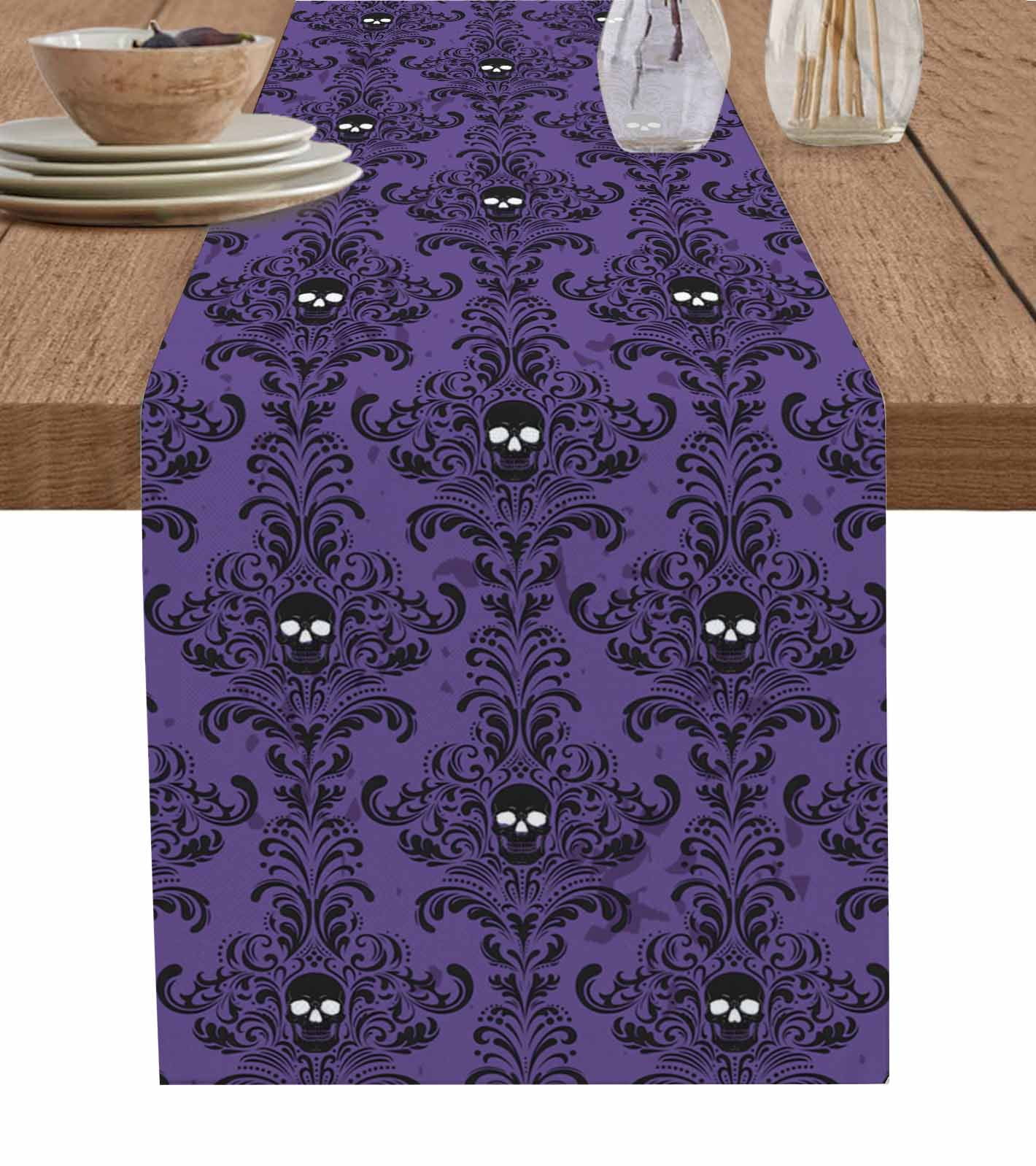 Purple Halloween Table Runner 60 Inches, Horror Spooky Skull Floral ...