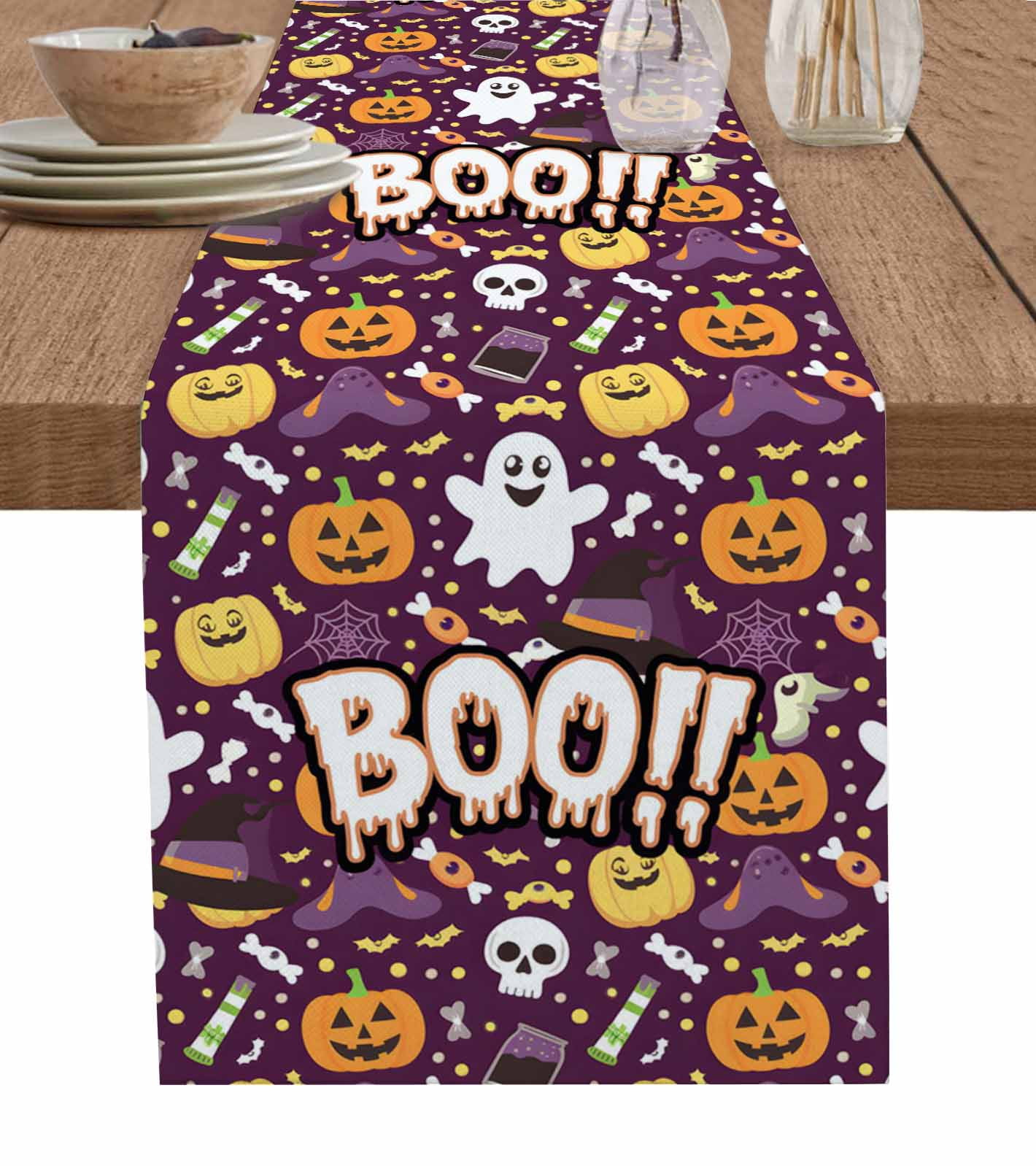 Purple Halloween Table Runner 90 Inches, Cute Ghost Pumpkin Skull Bat ...