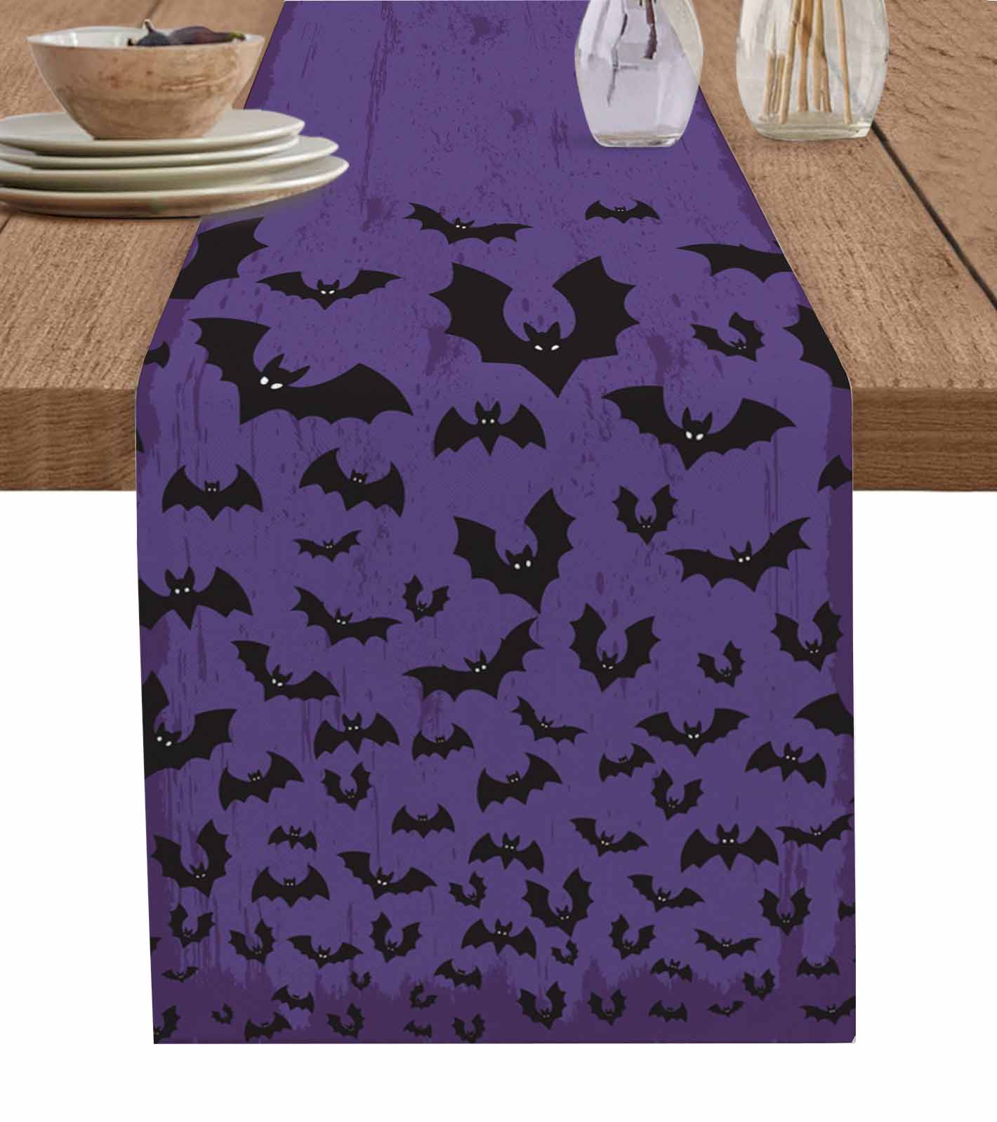 Purple Halloween Table Runner 90 Inches, Spooky Horror Scary Black Bats ...