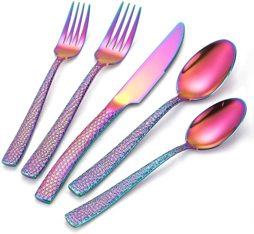 Purple Hammered Silverware Set, 50-Piece Stainless Steel Flatware Set ...