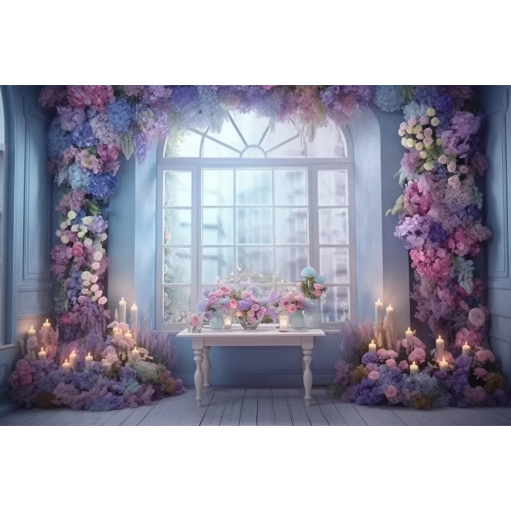 Purple Hanging Arch Flowers Backdrop Rural Door Frame Window Curtain ...