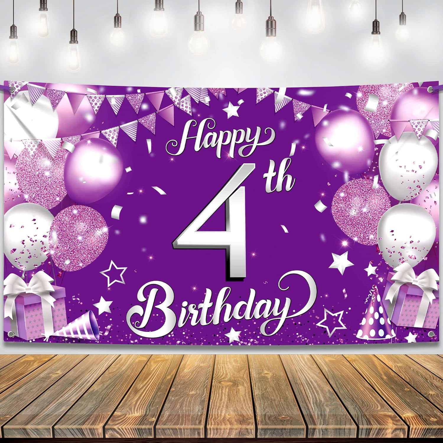 Purple Happy 4th Birthday Banner, Purple 4 Happy Birthday Banner Decor ...