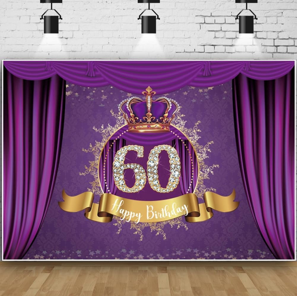 Purple Happy 60Th Birthday Backdrop 5X3Ft Purple Stage Curtain Queen ...