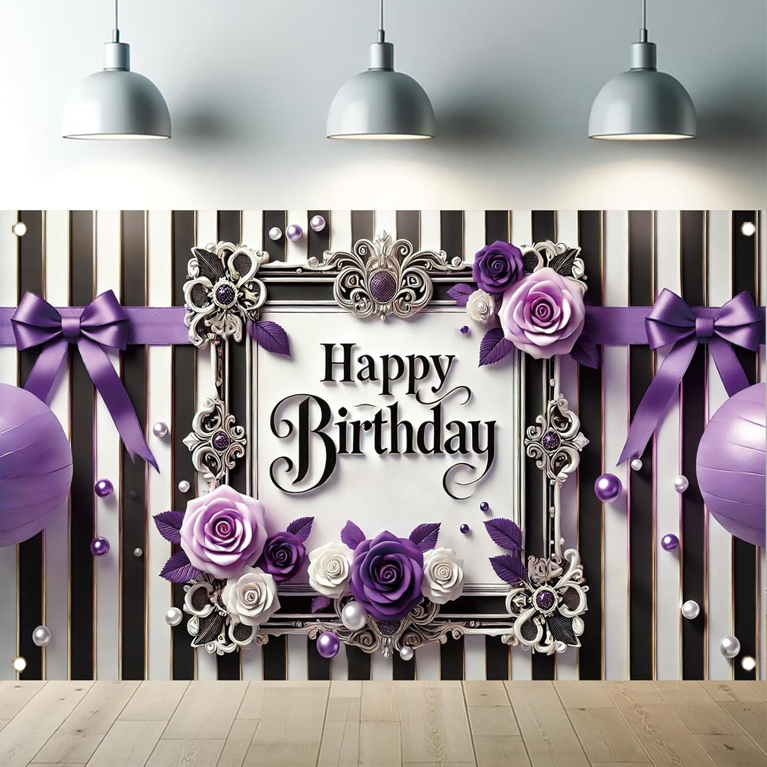 Purple Happy Birthday Backdrop Banner for Women Ribbons Balloons Rose Birthday Photography ...