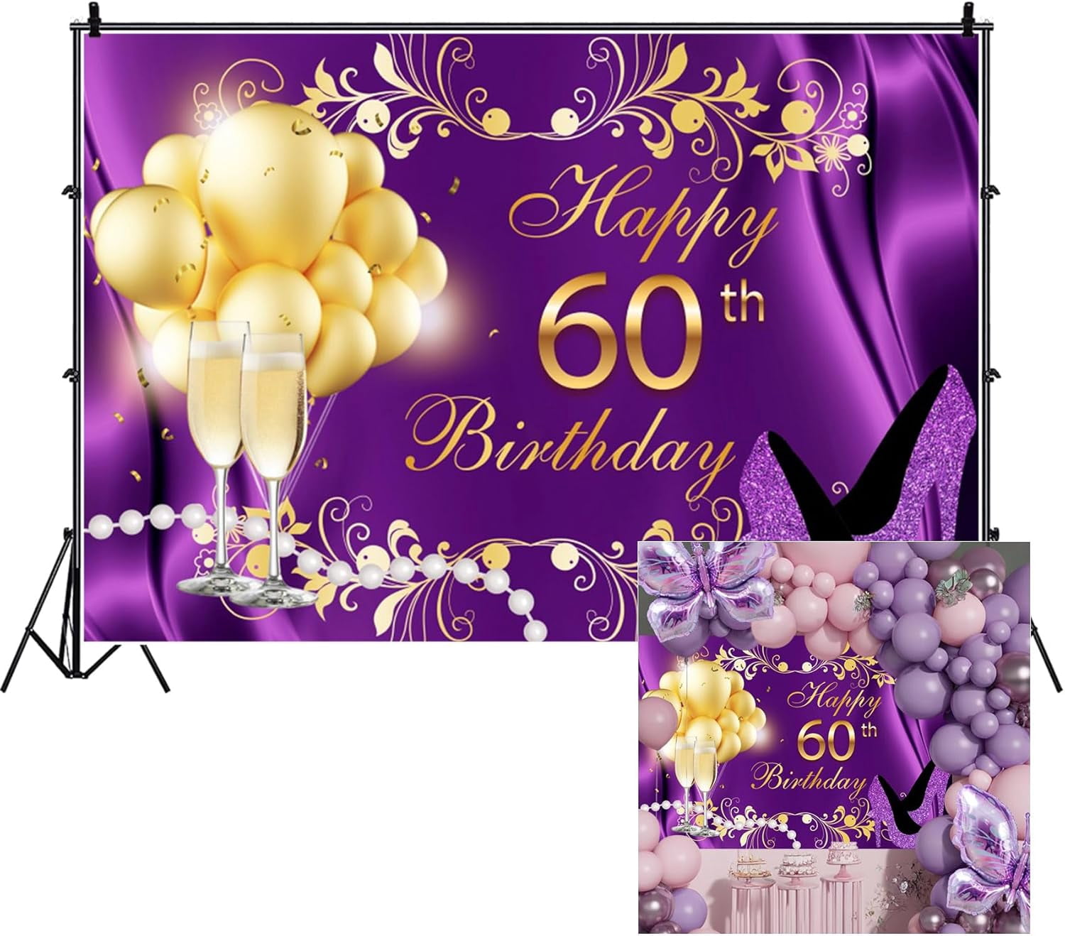 Purple Happy Birthday Backdrop Women 60th Birthday Party Golden Balloon ...
