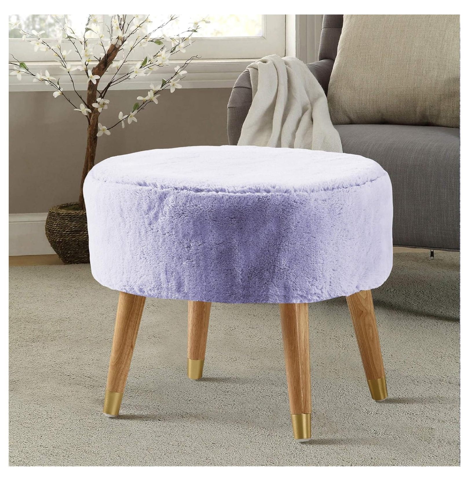 Purple Heavy Faux Fur Oval Ottoman, 22'' x 18'' x 18'', Lavender Fog ...