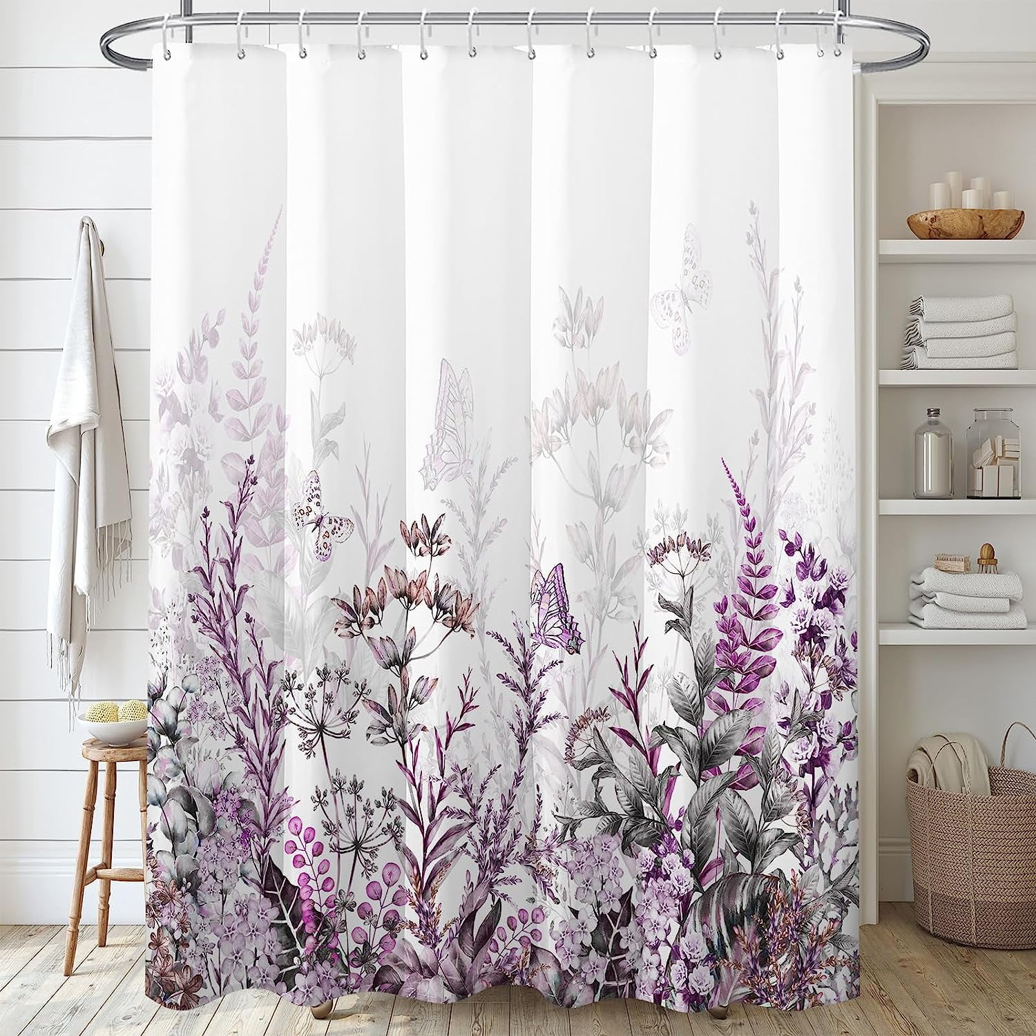 Purple Herbs and Wild Flowers Shower Curtain Sets,Botanical Leaves ...