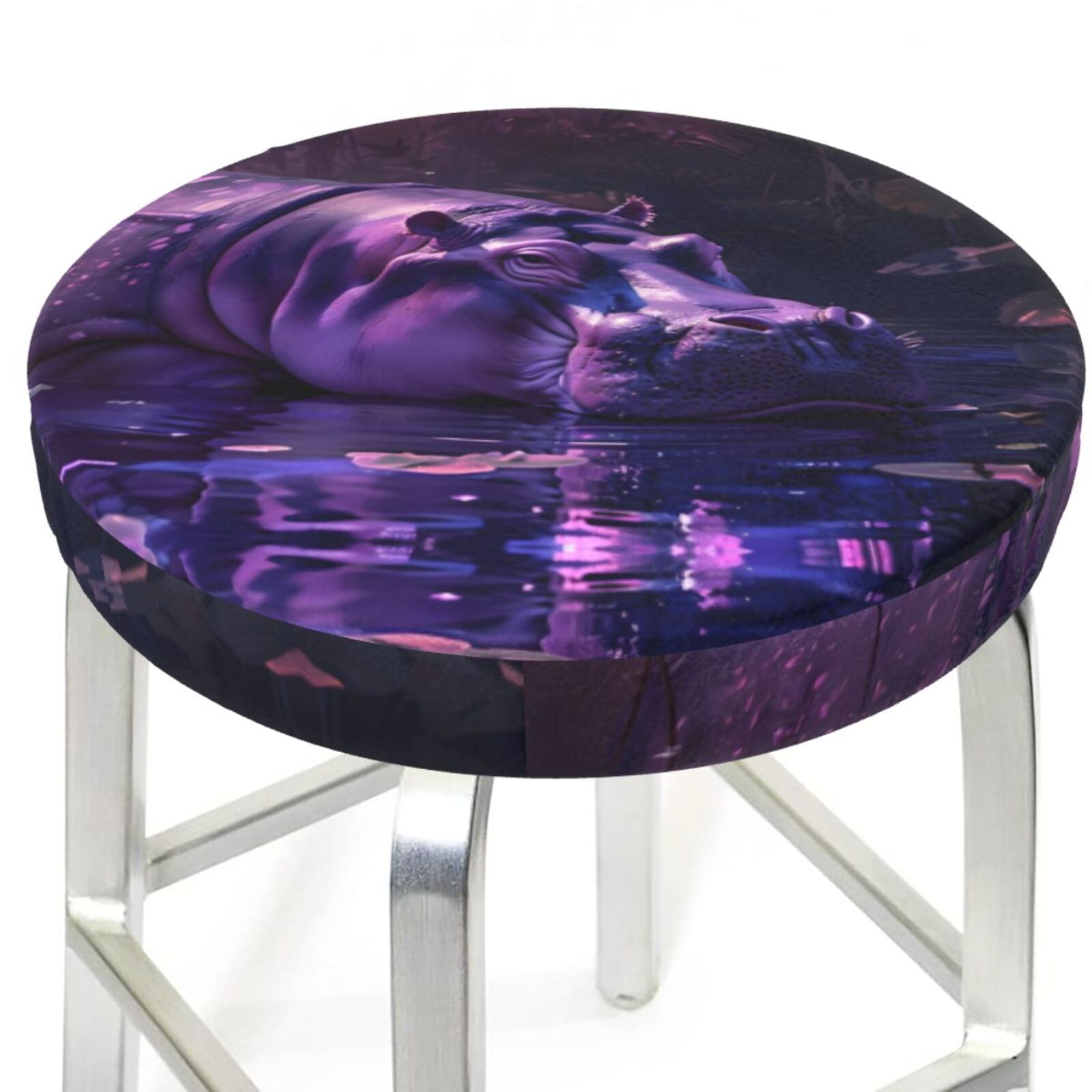Purple Hippo In Water Round Bar Stool Seat Covers, Elastic Round Chair ...