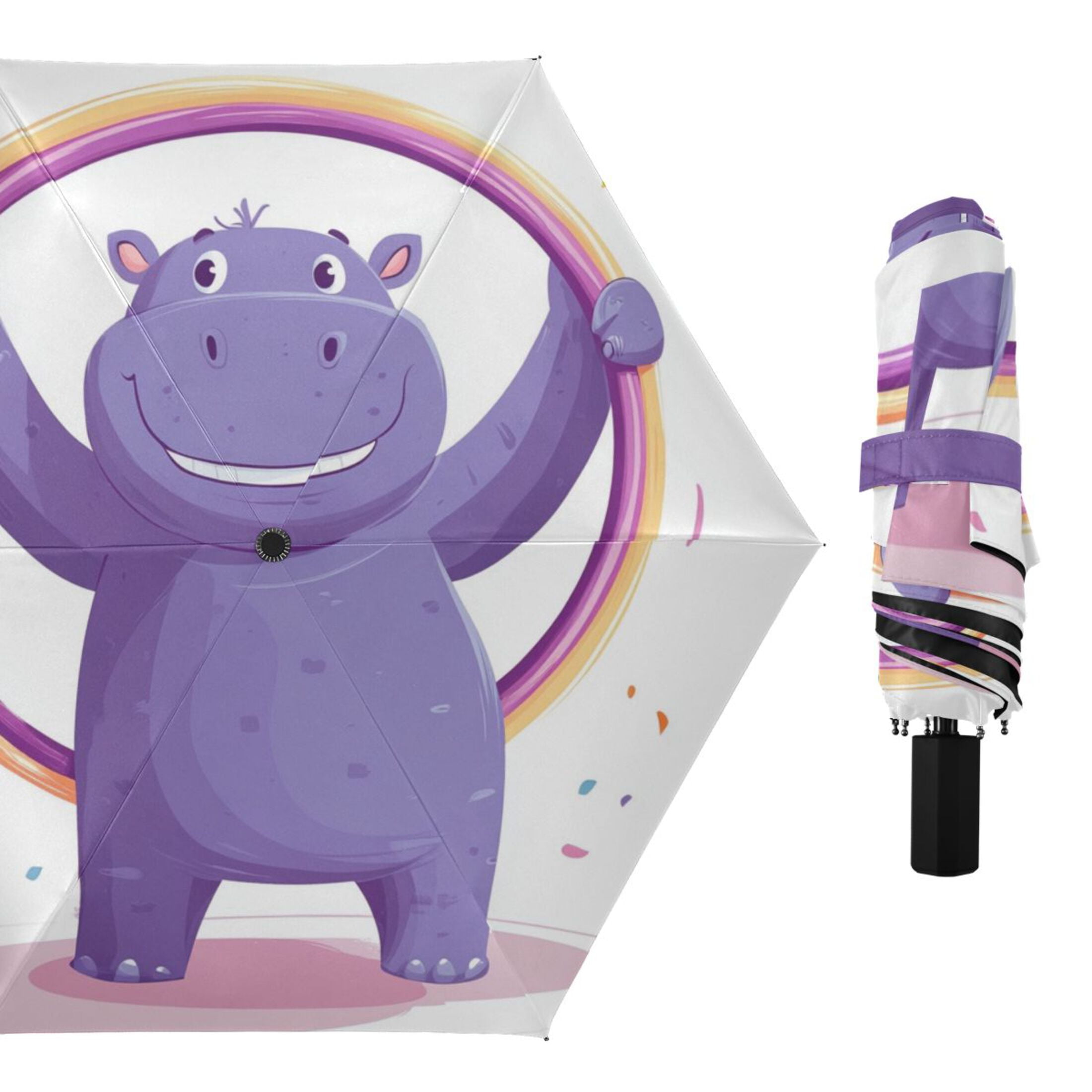 Purple Hippopotamus Plays Hula Hoop All Weather Umbrella Triple Folding ...