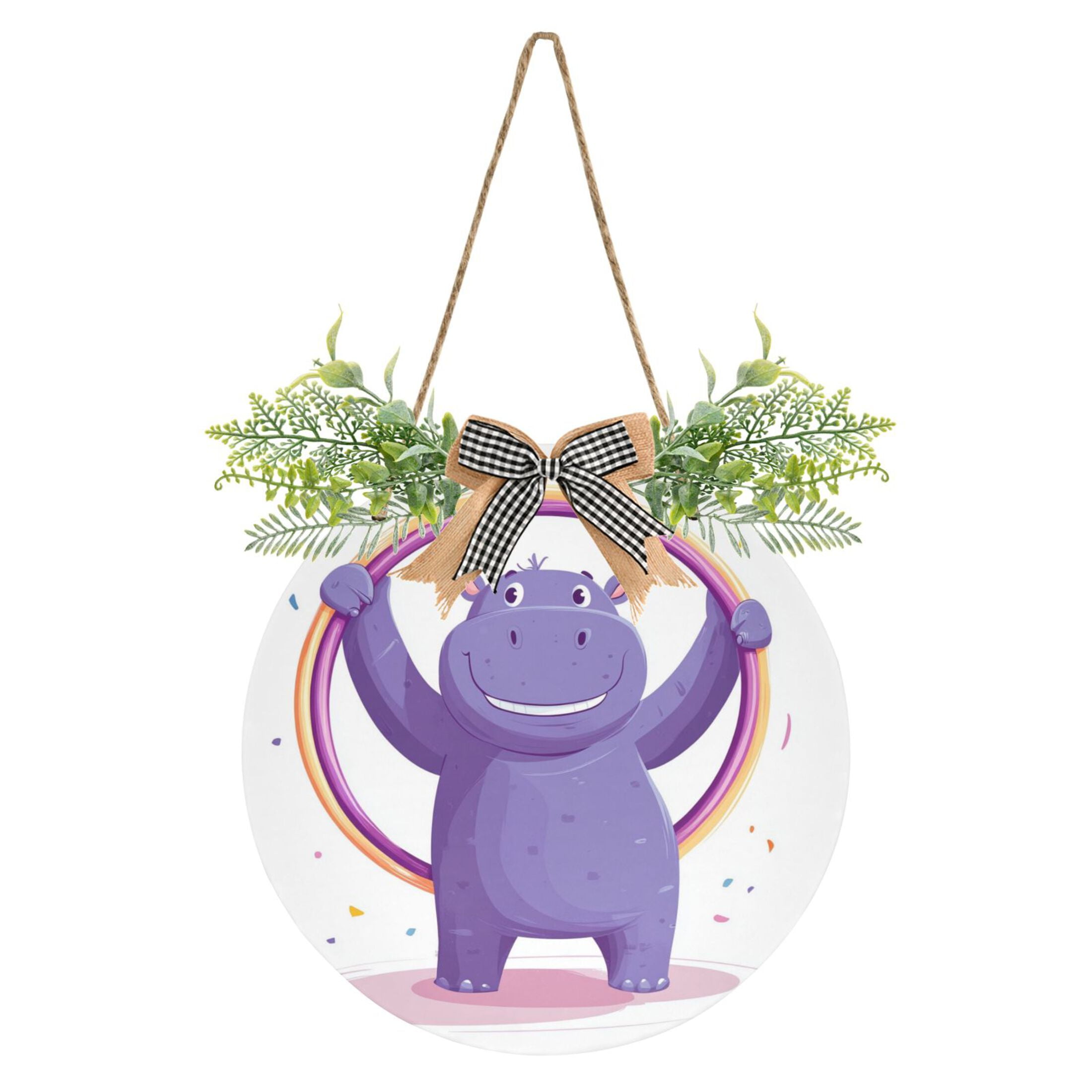 Purple Hippopotamus Plays Hula Hoop Circular Door Plate Welcome Sign ...