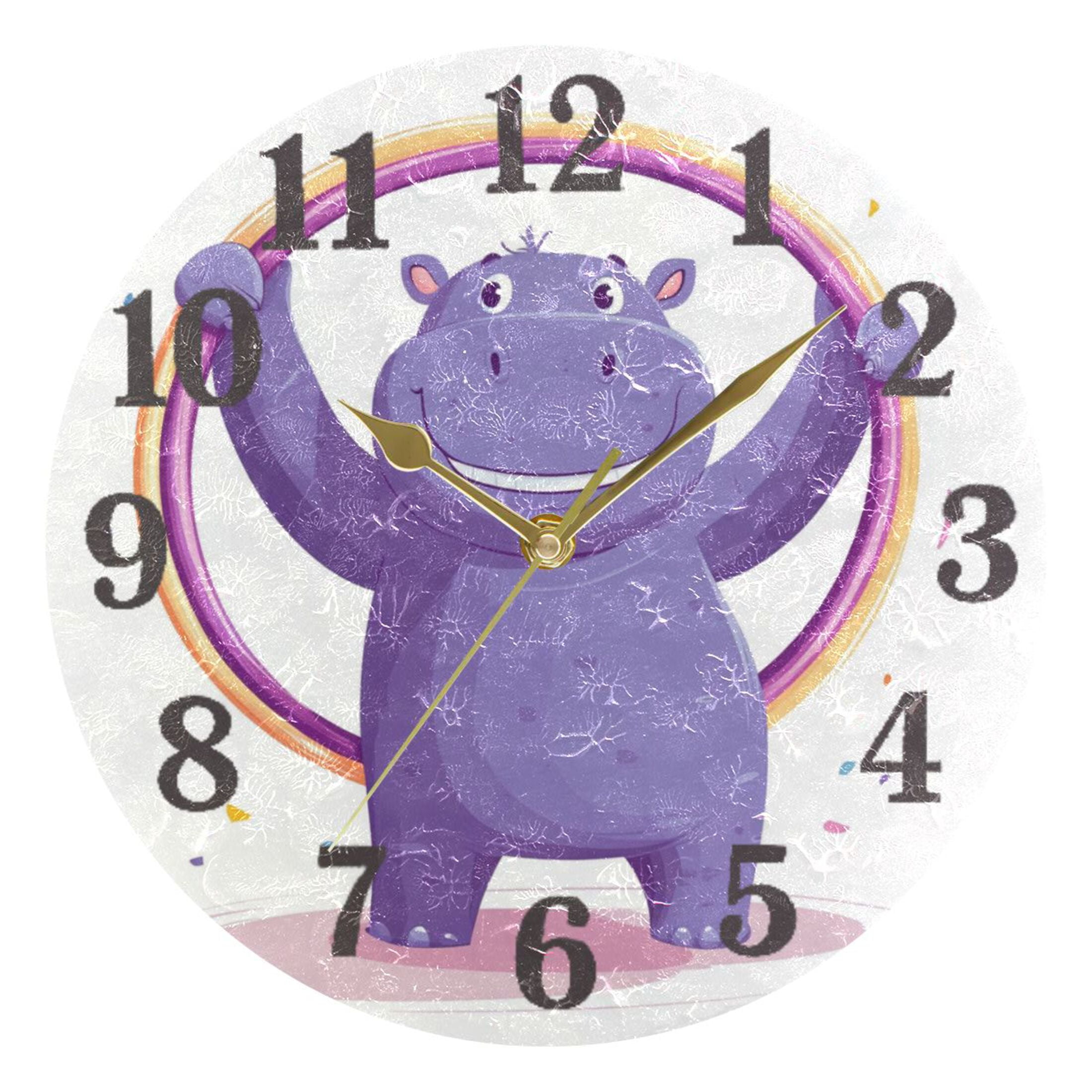Purple Hippopotamus Plays Hula Hoop Round Clock Battery Operated Gold ...