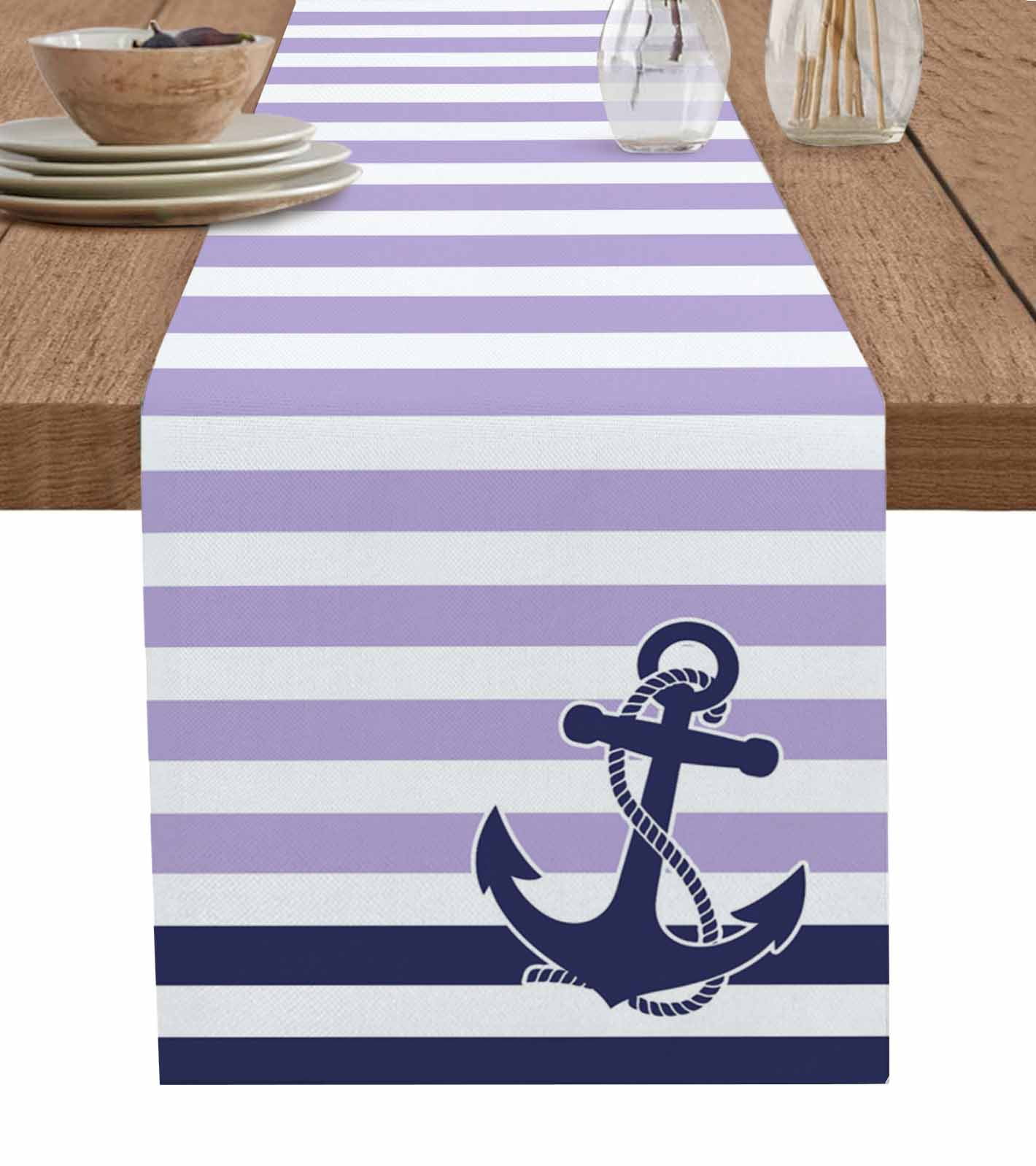 Purple Horizontal Striped Short Table Runners 48 Inches, Cotton Linen ...